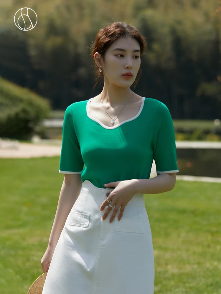 DUSHU-5-Colors-Available-French-Contrast-Edge-Knit-Short-Sleeve-T ...