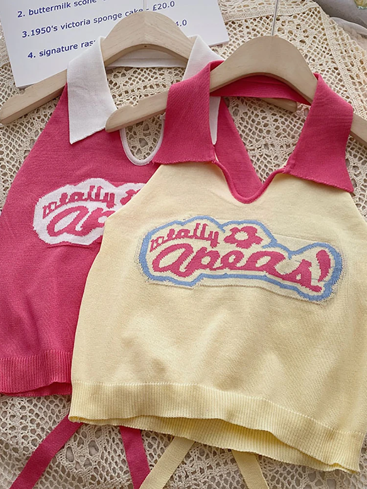 Heliar Women Y2k Tops Halter Knitted Tank Tops Plain Letters Printed Cute Tank Tops Sweet Crop