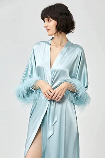 Sky-Blue-Bride-Robe-with-Feather-White-Boudoir-Dress-Long-Silk-Bridal ...