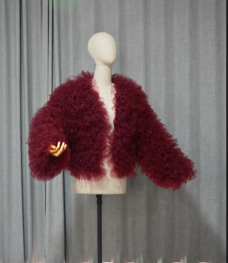 Custom Size Ruffle Tulle long sleeves Jacket Wedding fluffy Bolero Wrap ...