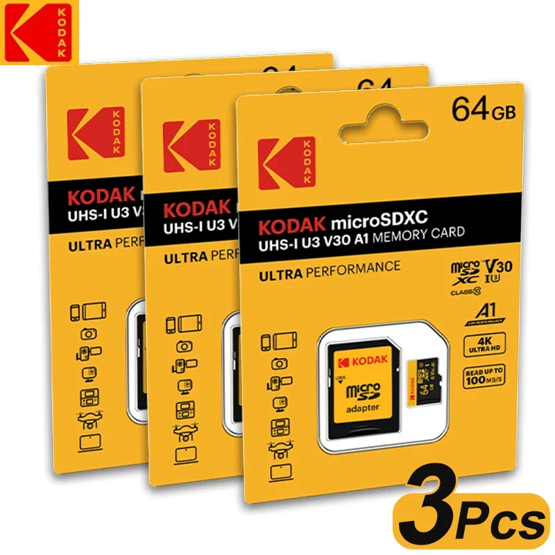 3Pcs Original Kodak Micro SD Card Memory Card 64GB A1 SDXC TF Flash ...