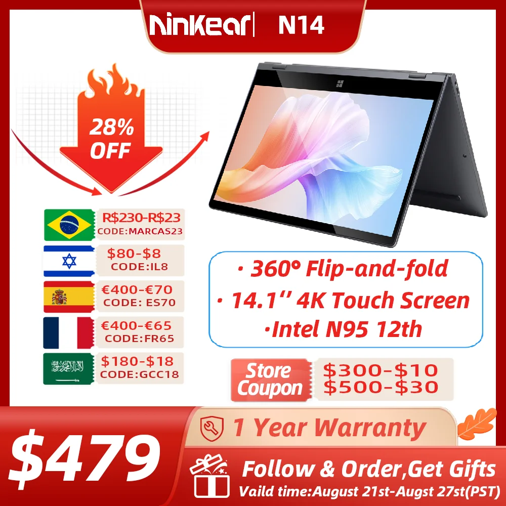 Ninkear N14 Notebook 14-inch 4K Touchscreen Laptop 12th Generation Intel N95 Processor 12GB DDR5 ...