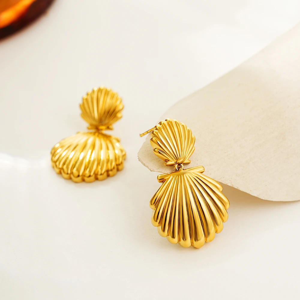 18K-Gold-Plated-Stripe-Double-Metal-Shells-Dangle-Earrings-for-Women ...