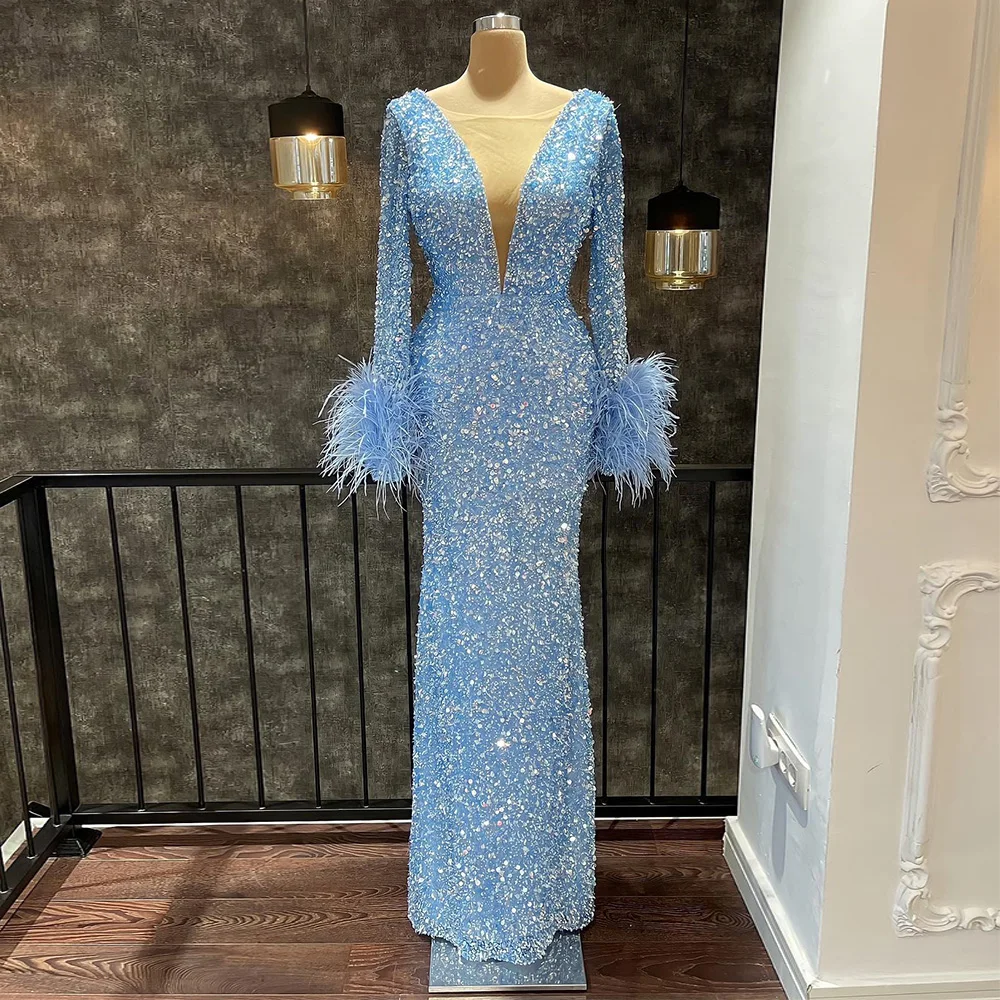 Lüks payetli balo elbise uzun kollu tüy derin V boyun kadın balo ...