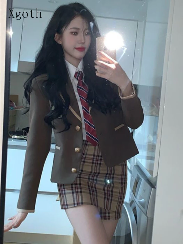 JK 교복 정장, 한국 프레피 블레이저 재킷, 긴팔 셔츠, 격자 무늬 힙 스커트, 싱글, 2022 봄 신상| | - AliExpress