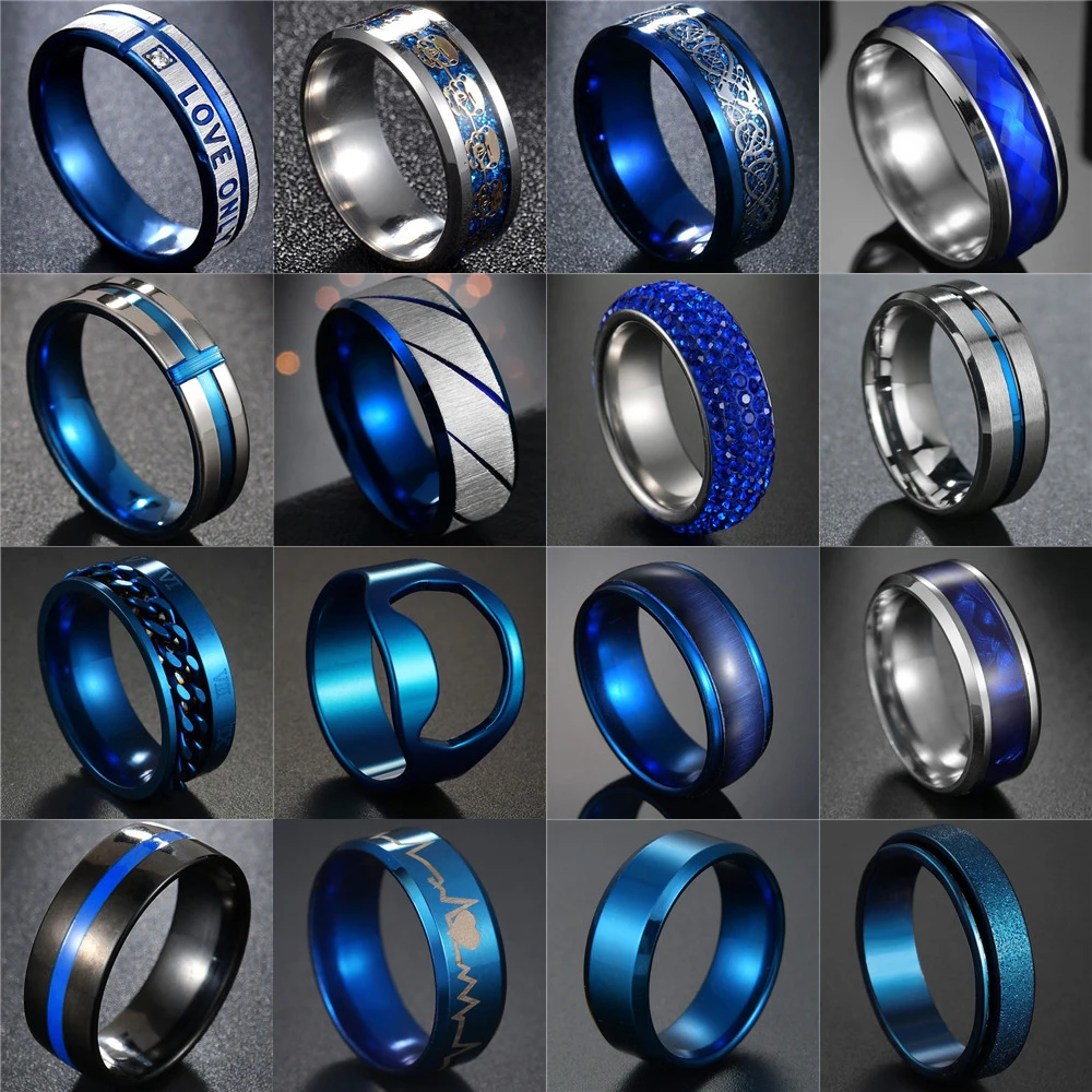 Fashion New 8mm Simple Men Ring Smooth Stainless Steel Blue Charms ...