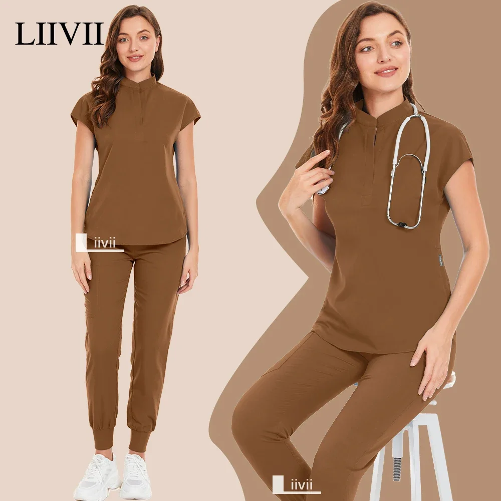 Brown-Beauty-Workwear-Women-Medical-Nurses-Uniform-Surgical-Scrubs-Set-Spa-Tops-Pants-Clinic ...