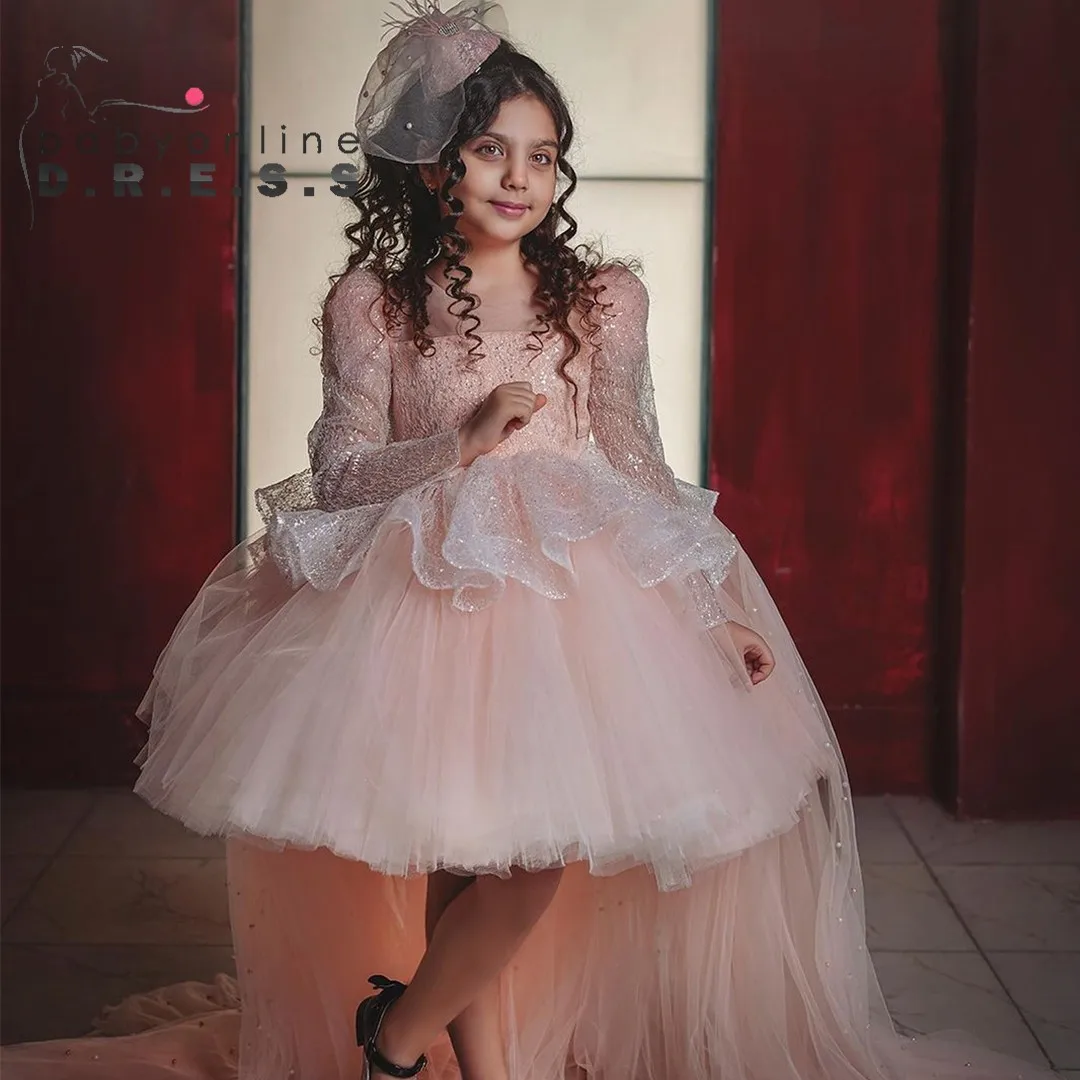 BABYONLINE-Peach-Pink-Communion-Dress-Elegant-Square-Neckline-All-over ...