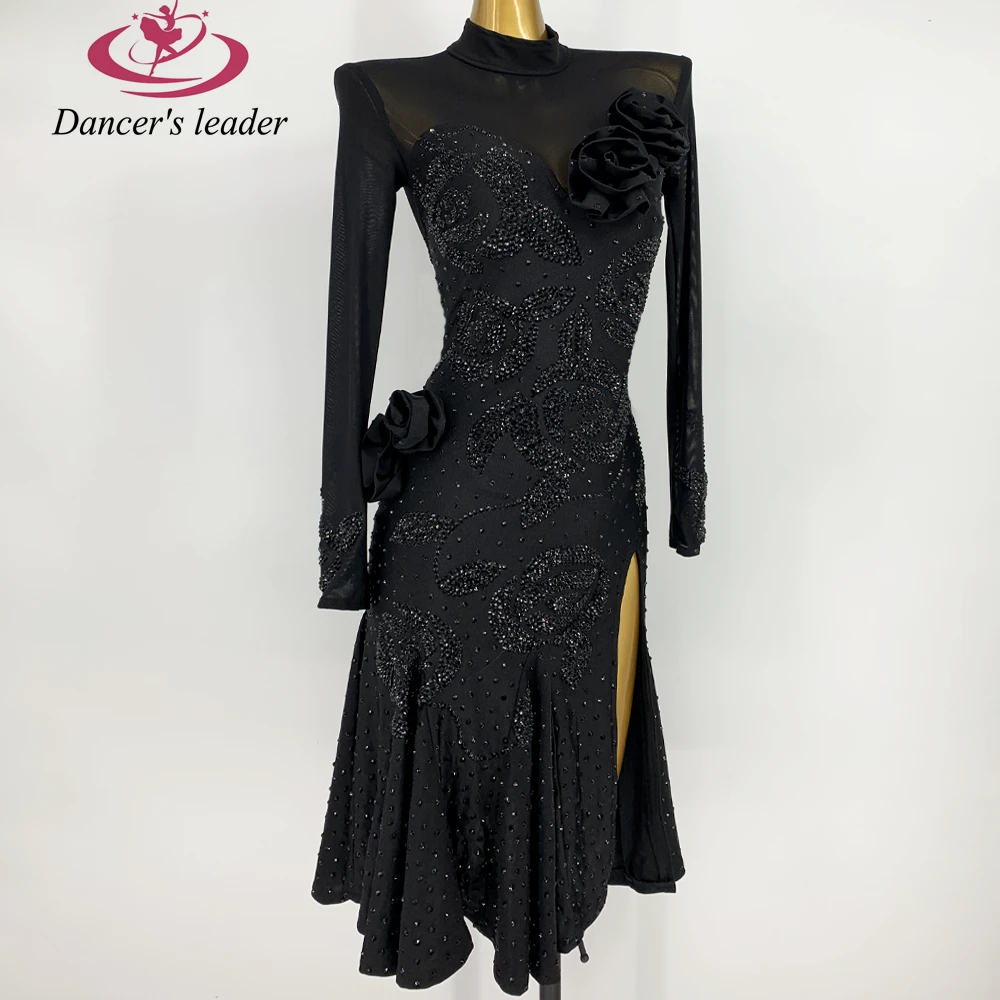 Latin-Dance-Dress-High-end-Custom-Long-Sleeve-Mesh-Ball-Handmade-Flower ...