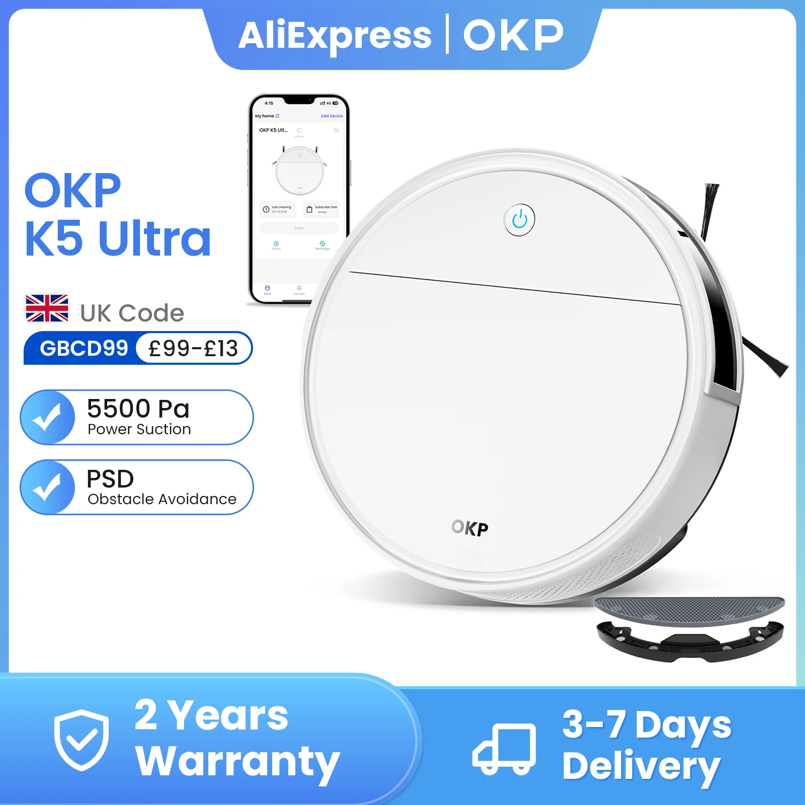OKP K5 Ultra Robot Vacuum Cleaner, ToF Laser Mapping,5500Pa, 190° PSD ...
