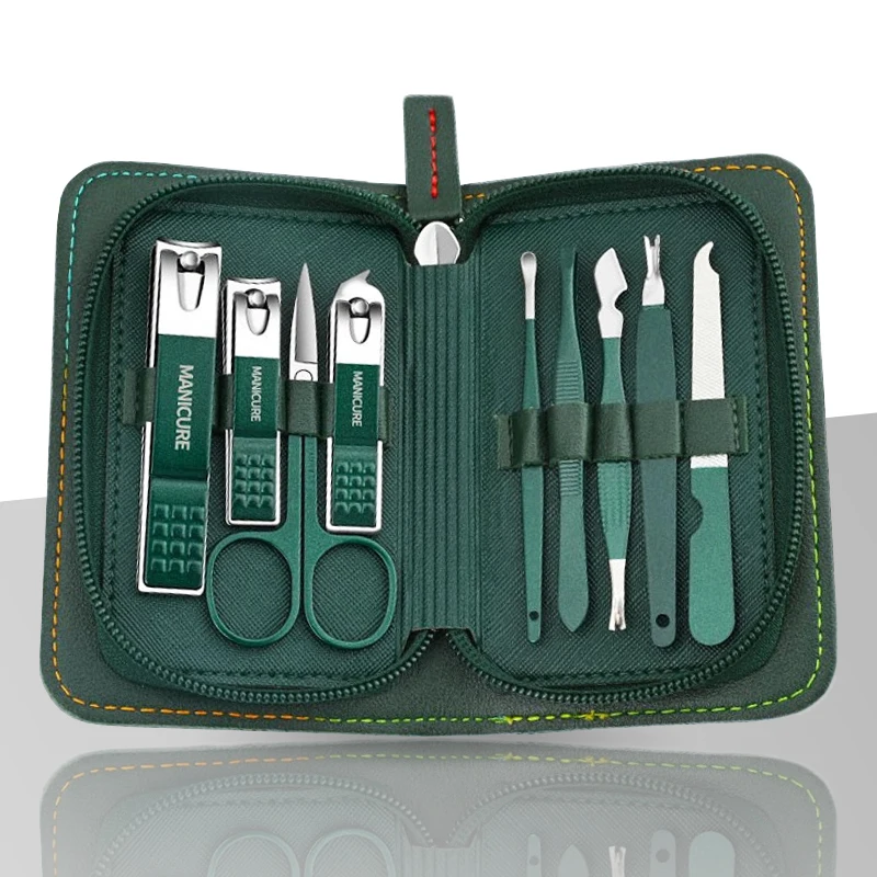 Verde 9 pçs conjunto de manicure com caso couro profissional pé e face ...