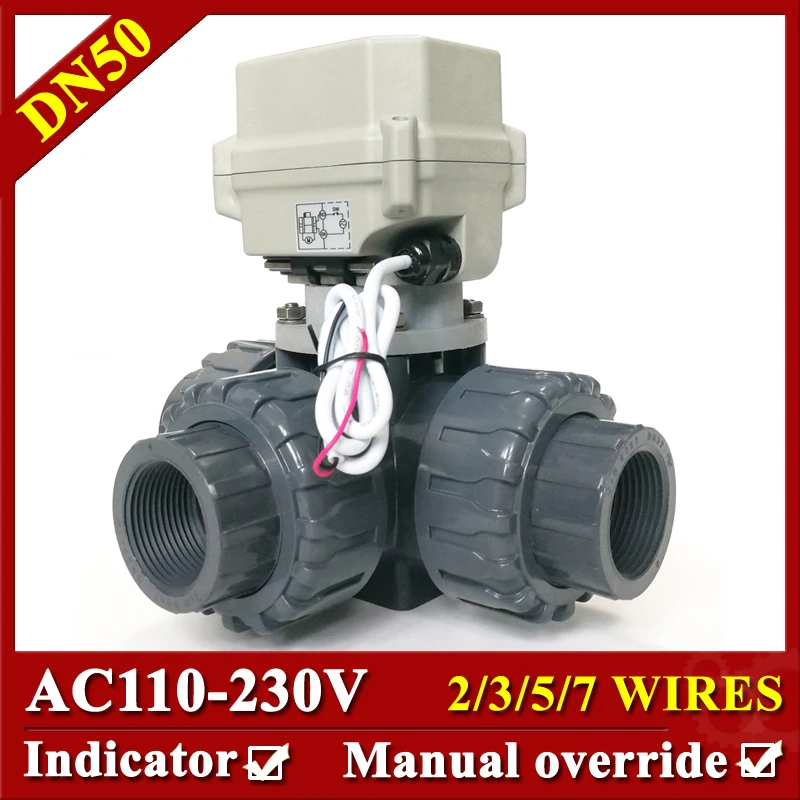 DN50 Ture Union UPVC 3 Way Electric Water Valve 2" Electric Actuated ...