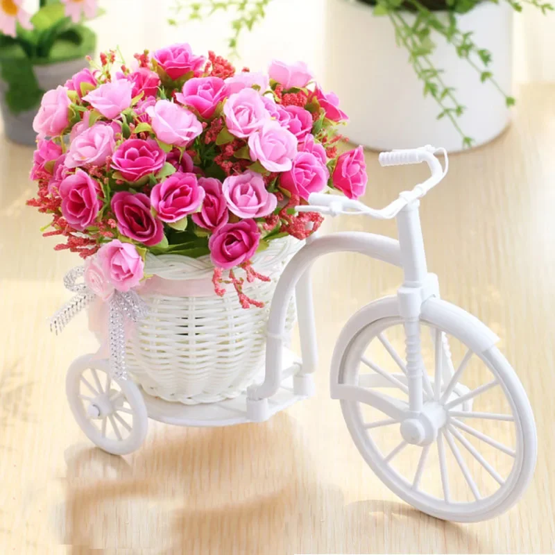 Artificial Flowers Silk Roses Rattan Bike Vase Plastic Bicycle Desktop ...