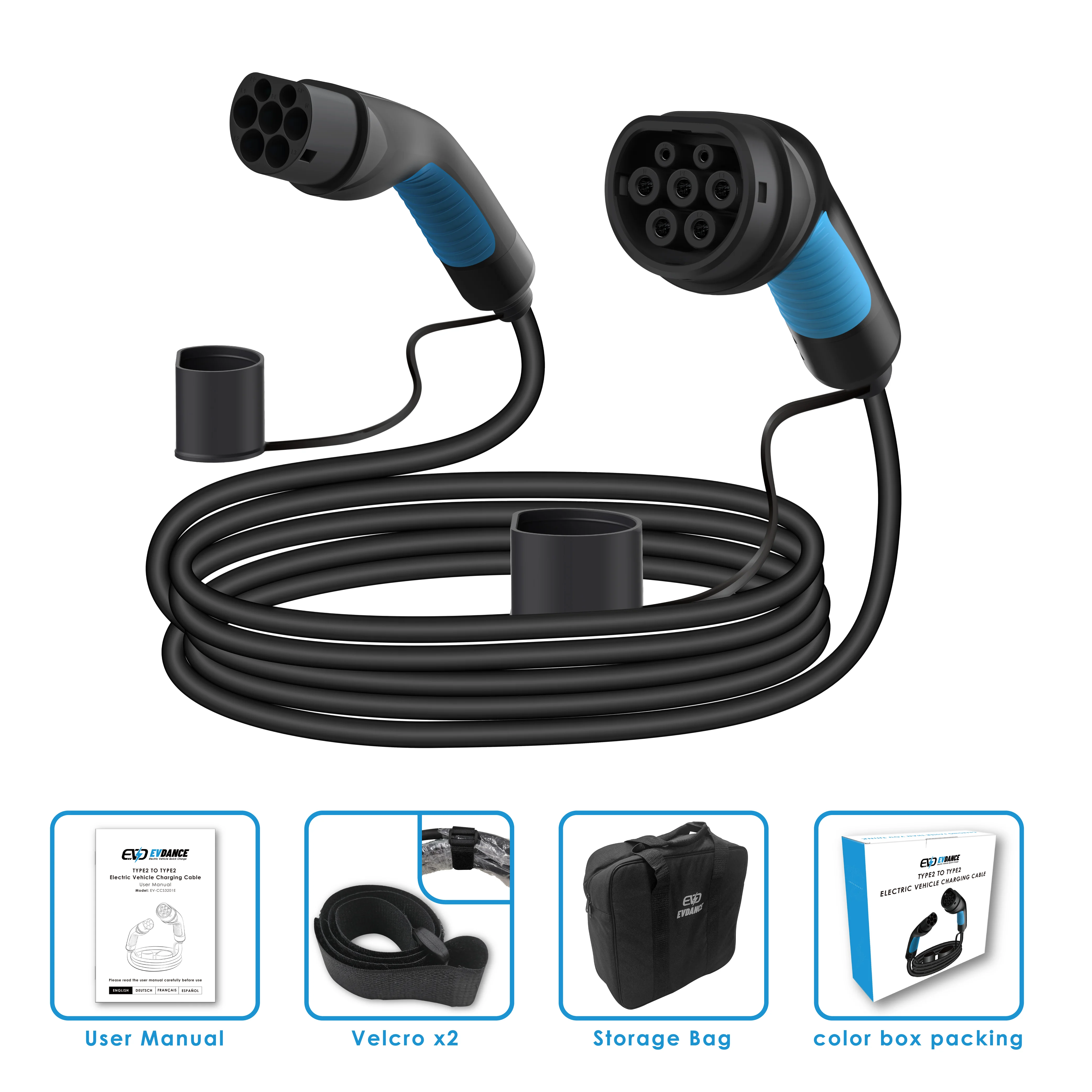 EVDANCE 6/8/10M EV Charging Cable 22KW 3Phases 32A Type 2 to Type 2 ...