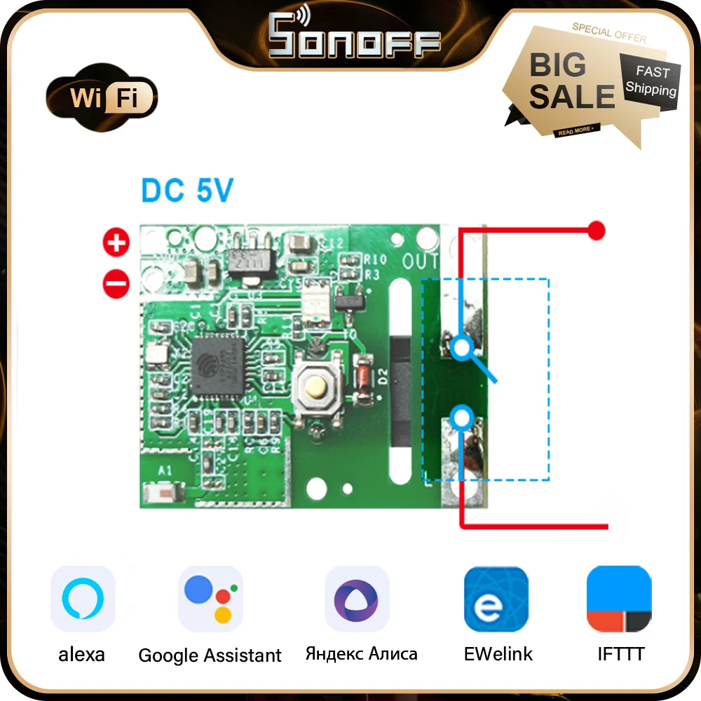 SONOFF RE5V1C Relay Module 5V WiFi Smart DIY Switch Dry Output Inching ...