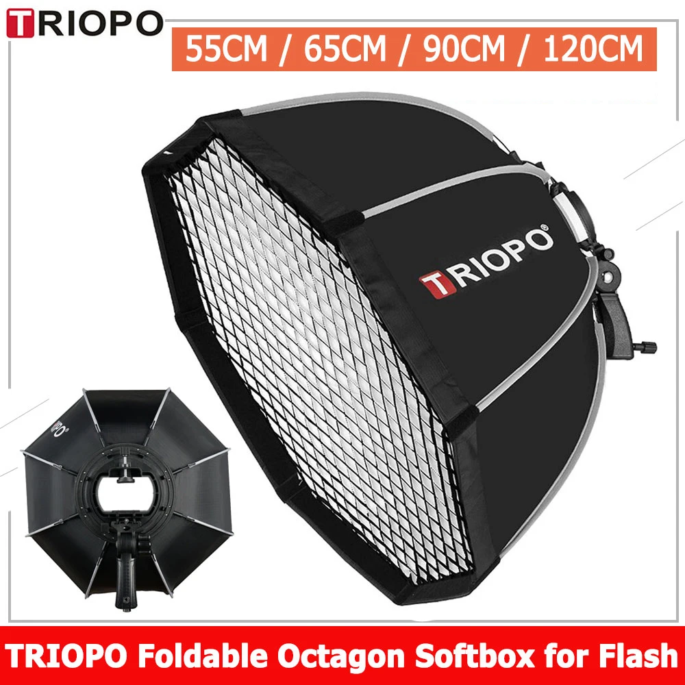 Triopo-Softbox octagonal plegable para exteriores, soporte de mano, rejilla de panal, Flash ...