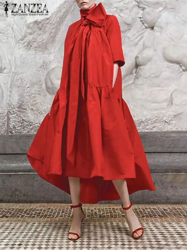 Zanzea Mode gestufte Kleider Frauen Vintage Fliege Hals Halbarm Midi Vestido 2023 Sommer High ...