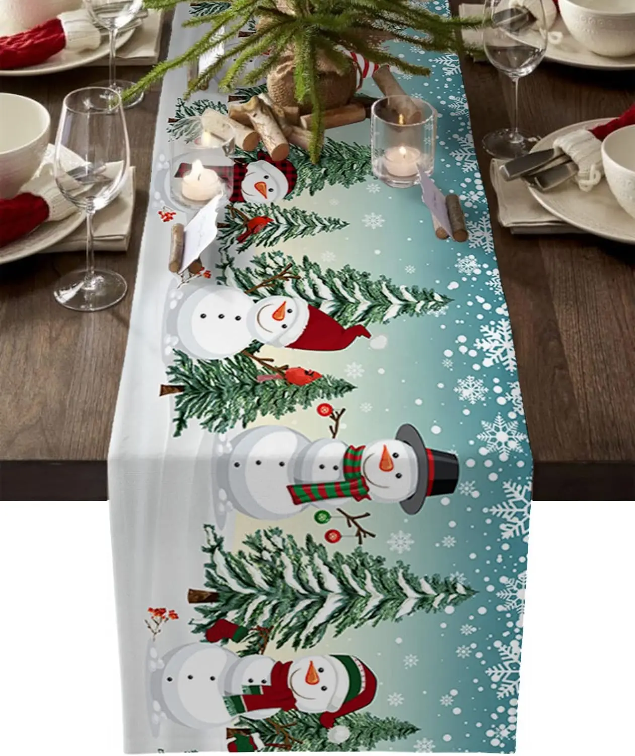 Christmas-Tree-Snowman-Linen-Table-Runners-Table-Decor-Washable-Winter ...