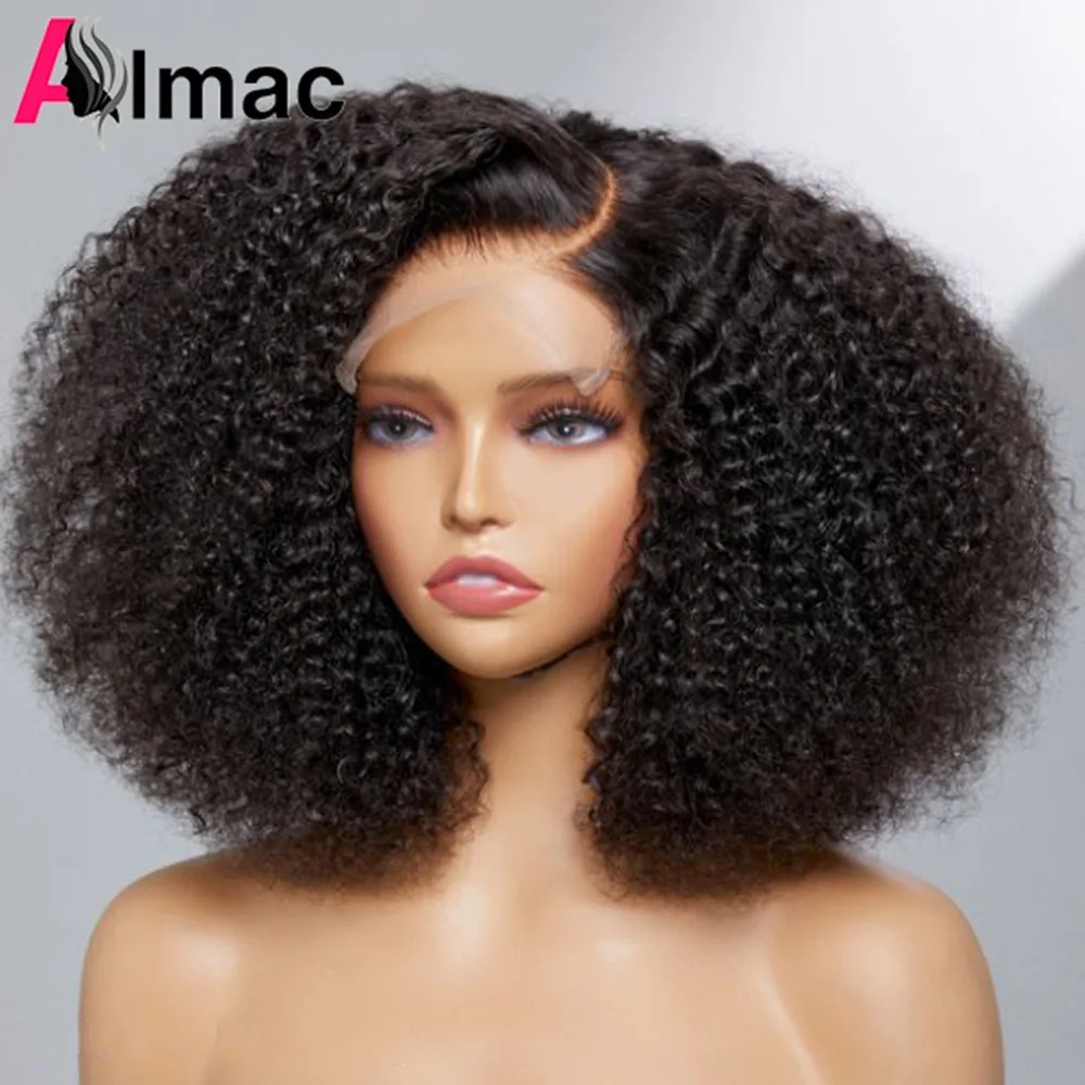 250% Density Short Bob Jerry Curly Human Hair Wig 13x4 Transparent Lace ...