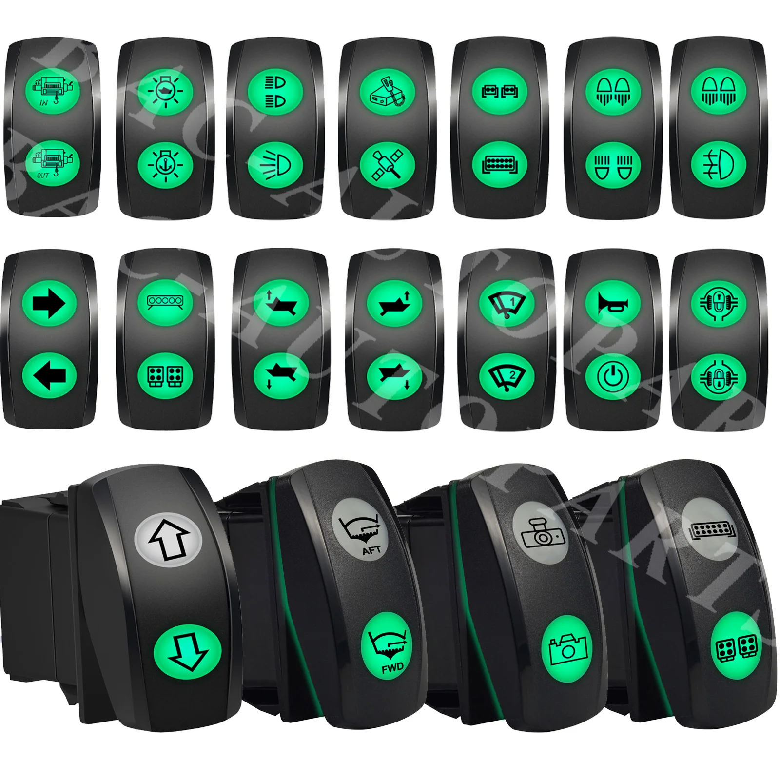 12V-24V Green Lights Rocker Switch ON OFF ON DPDT 3 Position Waterproof ...