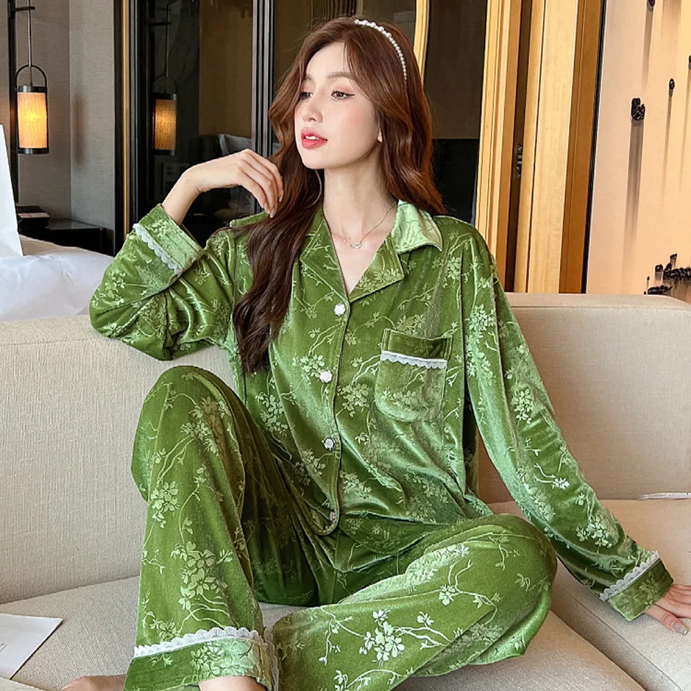 Fdfklak-Gold-Velvet-Pajama-Sets-Turn-Down-Collar-Long-Sleeve-Trousers ...
