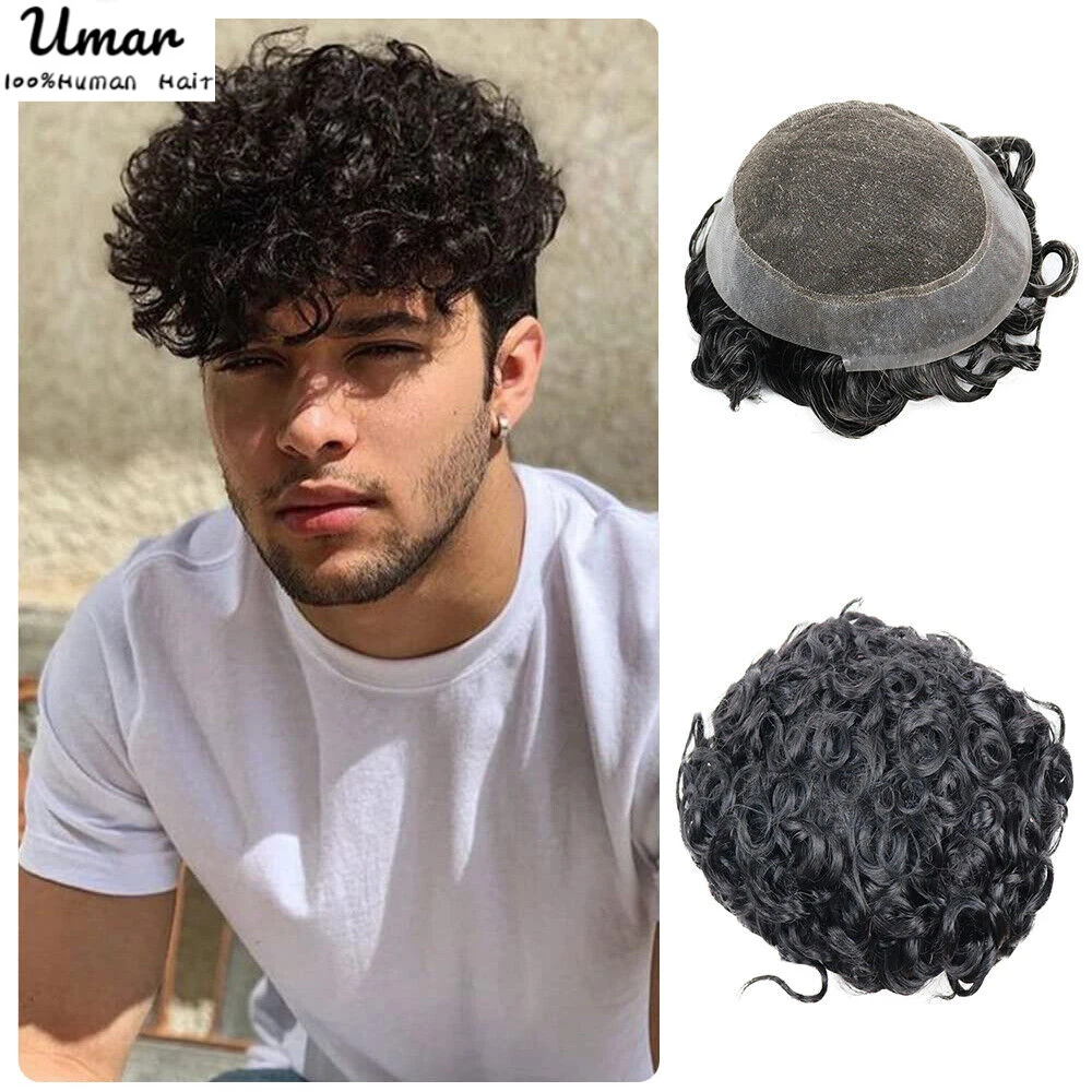 Peruca encaracolada com renda e base de PU para homens, peruca ...
