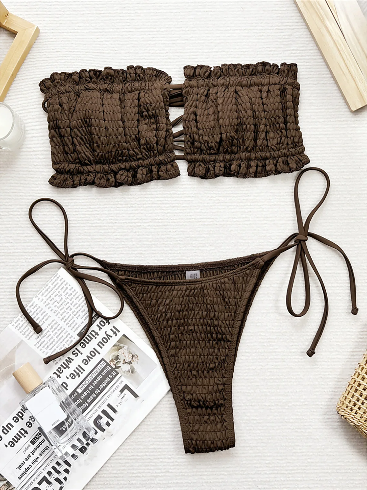 Bandeau Pleated Ruched High Leg Cut Bikini Women Swimwear Female ...