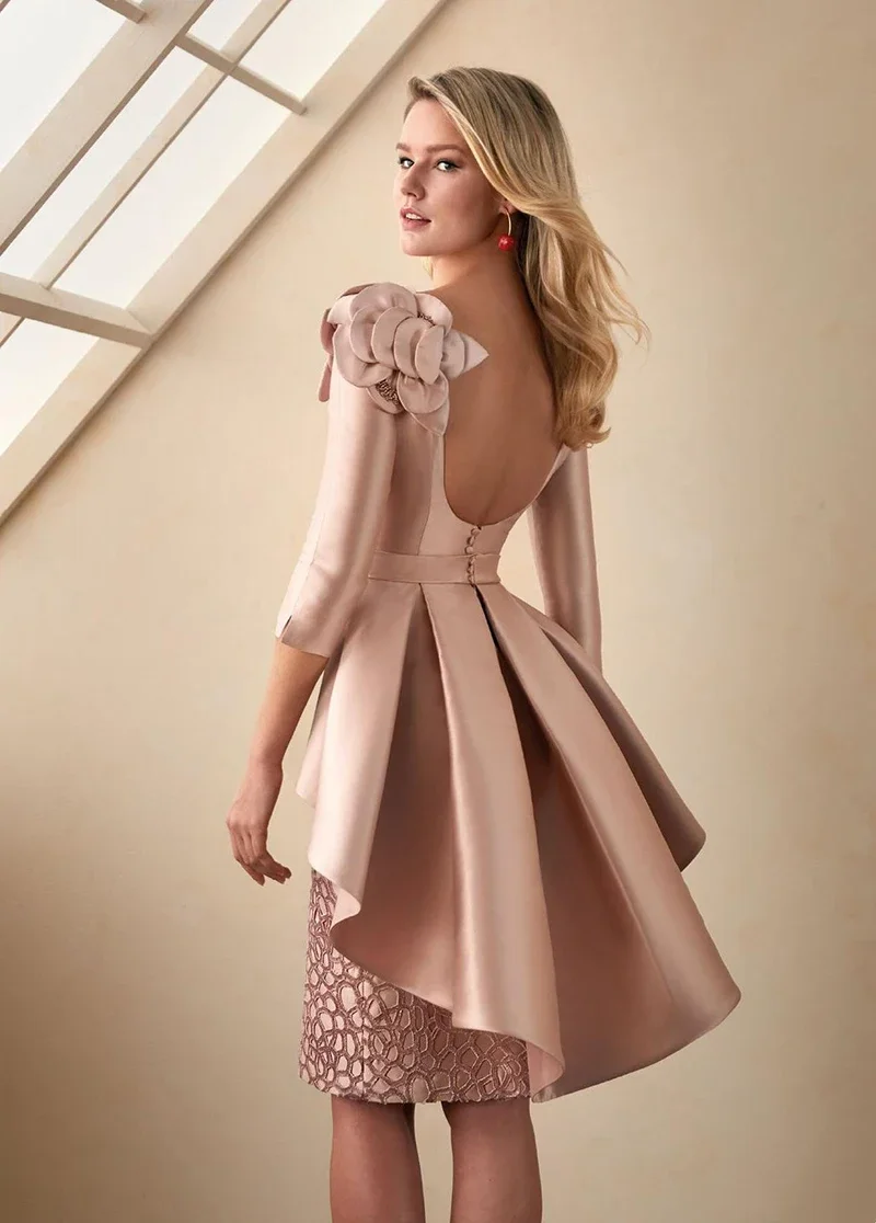 Robe-de-soir-e-l-gante-en-satin-poudre-blush-dentelle-courte-col-en-V ...