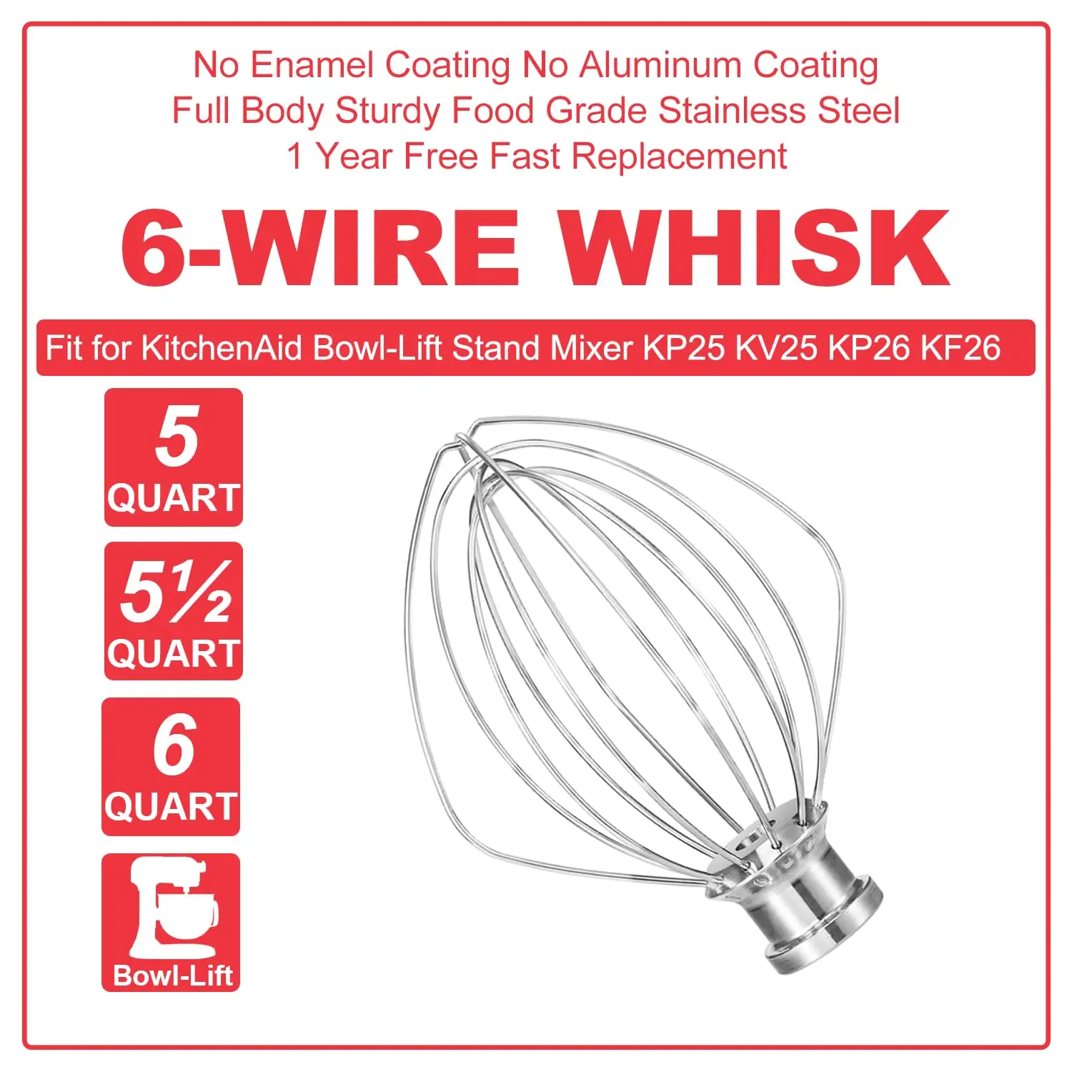 Wire Whip for Kitchenaid 6 Qt Mixer Bowl Stainless Steel Wire Whisk ...
