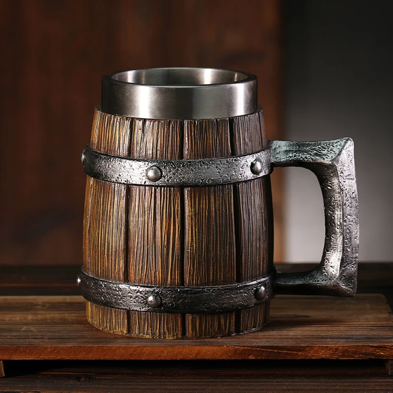 600ml-German-Style-Wooden-Barrel-Beer-Mug-Stainless-Steel-And-Resin-Eco ...