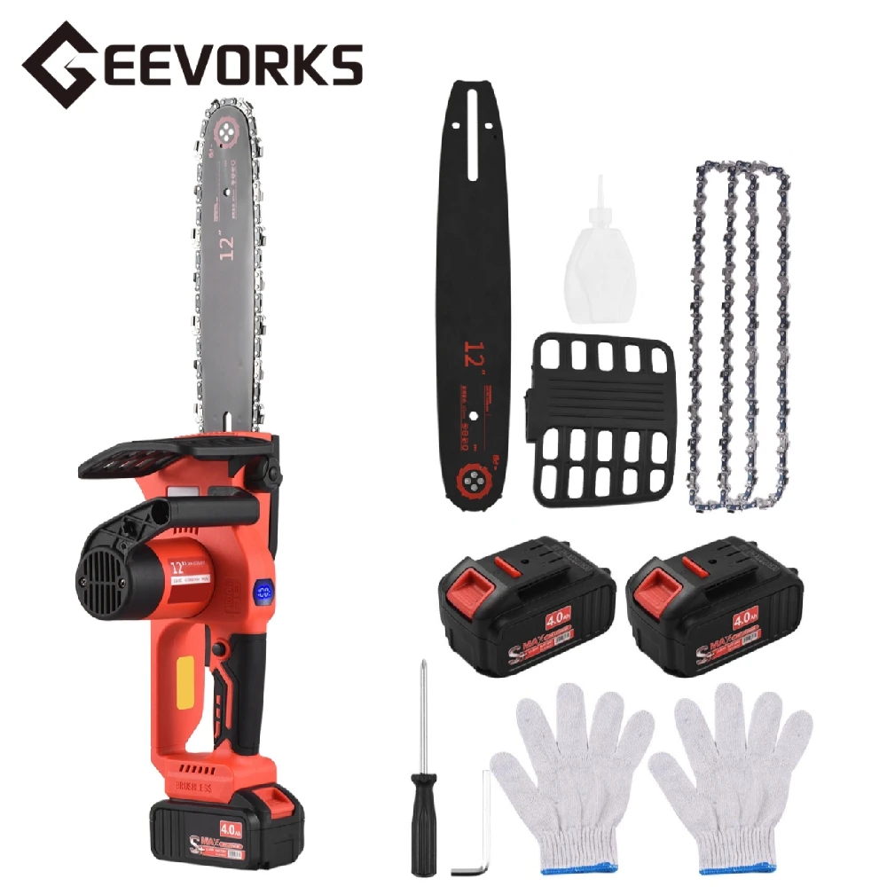 Geevorks 21V 12 인치 소형 전기 체인 톱 2xBattery, 핸드헬드 가지 치기 톱 전동 공구 나무 트리밍 목공용 ...
