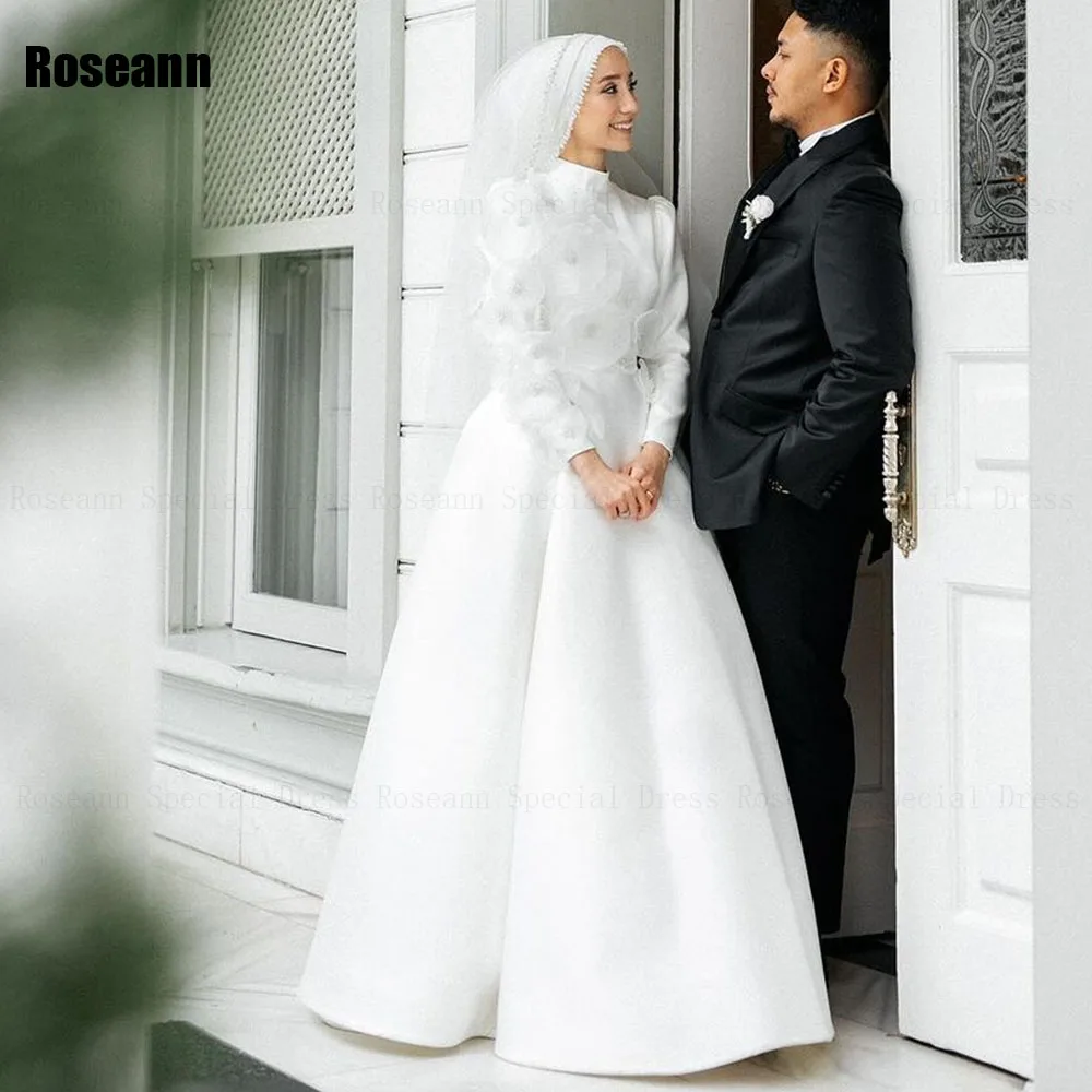 Muslim-A-line-Wedding-Dresses-High-Collar-Pearls-Applique-Handmade-Flower-Floor-Length-Bride ...