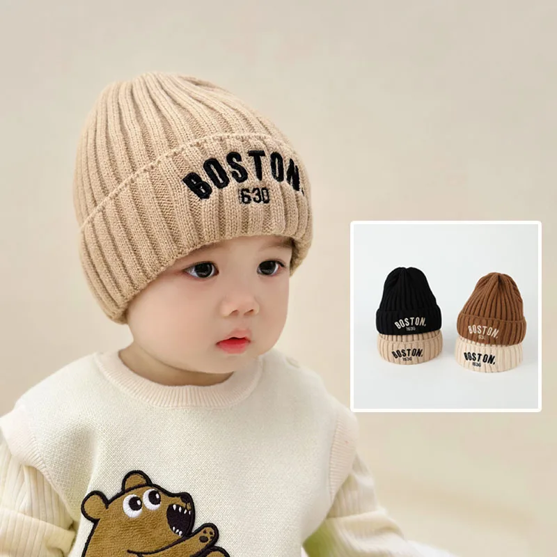 Children hats fall and winter knitted wool hat boys warm windproof ear ...