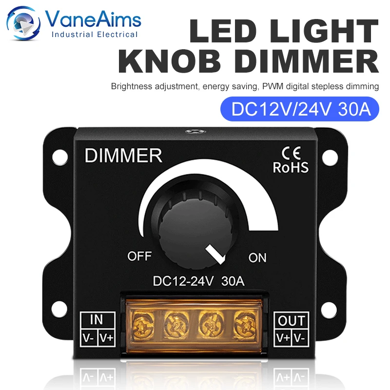 DC12V-24V LED Dimmer 30A 360W Brightness Adjuster Rotary Knob PWM ...