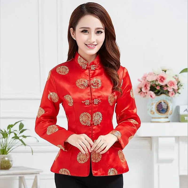 Women Mandarin Collar Tang Shirt Vintage Hand Button Satin Blouse Long ...