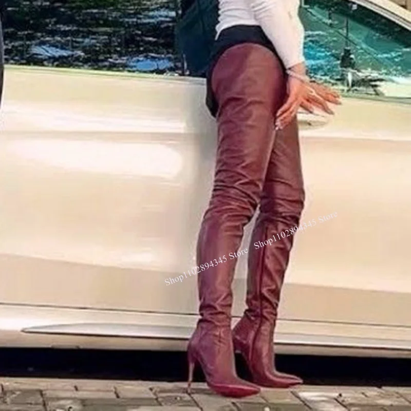 Wine-Red-Zipper-Boots-Pointed-Toe-Thin-High-Heel-Leather-Fashionable ...