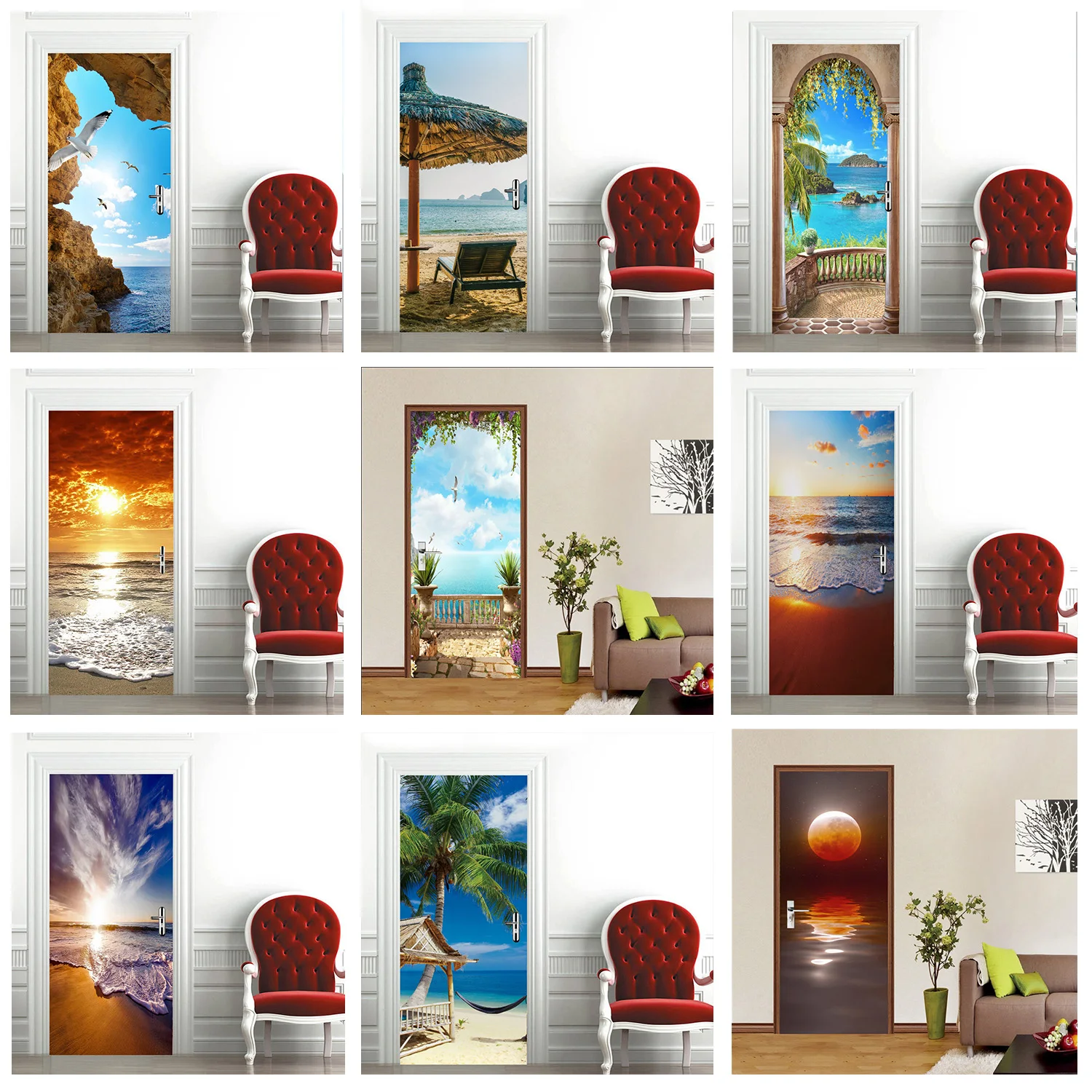 3D Door Sticker Wallpaper Self adhesive Seaside Landscape 3d Door Decal ...