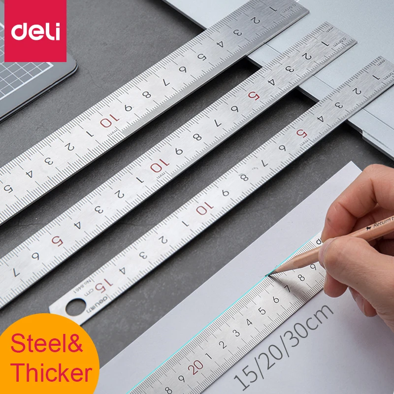 DELI Stainless Steel Straight Ruler Precision 15-30CM Flat Thick Metal ...