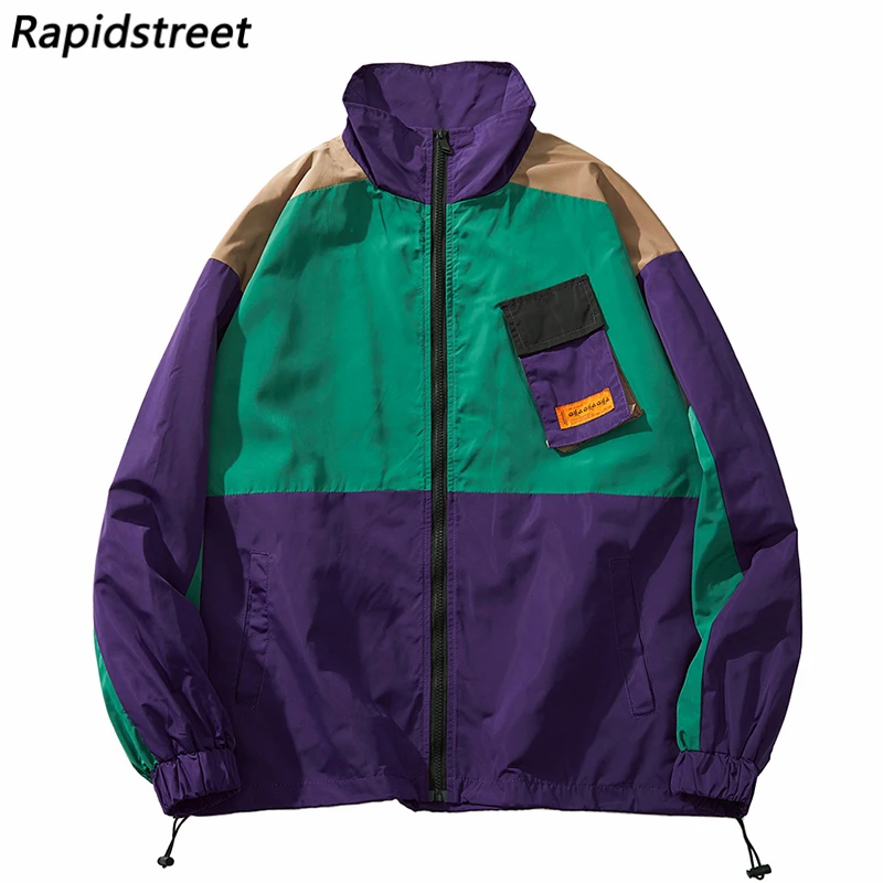 Hip Hop Streetwear Jacket WindBreaker Retro Color Block Patchwork Track ...