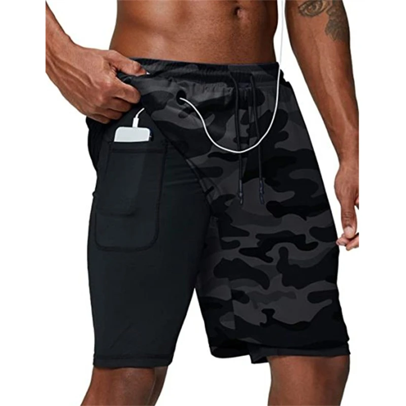 2022 Camo Running Shorts Men 2 In 1 Double Deck Quick Dry Gym Sport