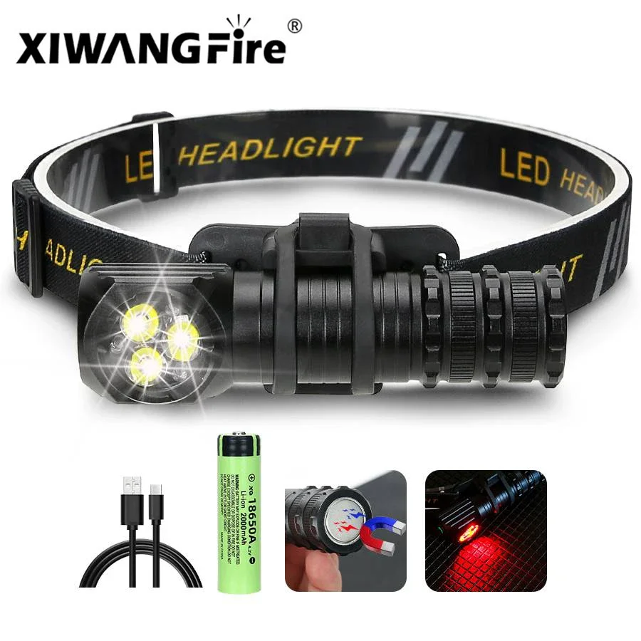 XIWANGFIRE-T300-Headlamp-3-Led-18650-Magnetic-USB-Rechargeable-Head ...