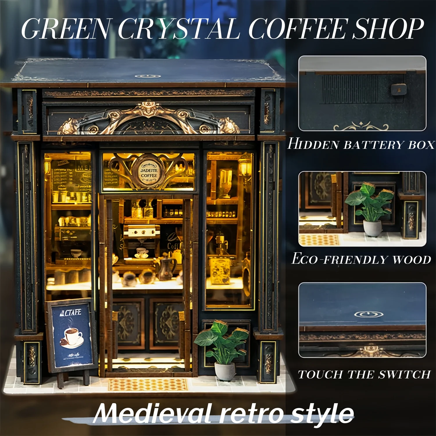 DIY Wooden Green Crystal Coffee Shop Casa Figurines Miniatures With LED ...