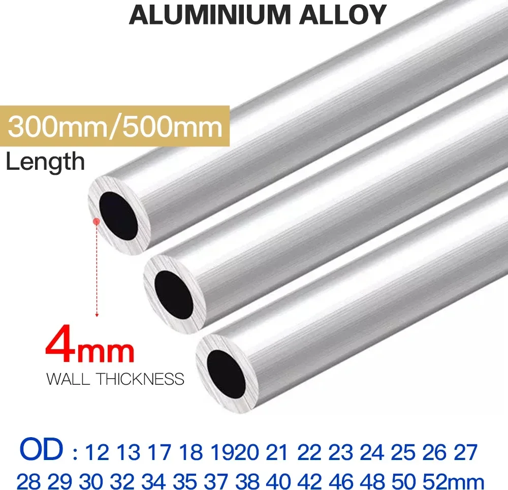 Aluminium Pipe 4mm Thickness 12-52mm OD Straight 300mm 500mm Long Round ...