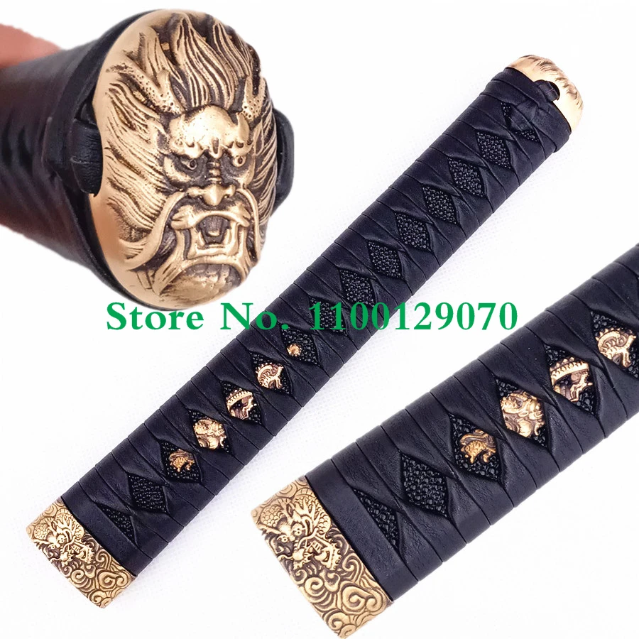 26CM High Quality Handle TSUKA Black Leather ITO Copper FUCHI KASHIRA MENUKI For Japanese Sword ...