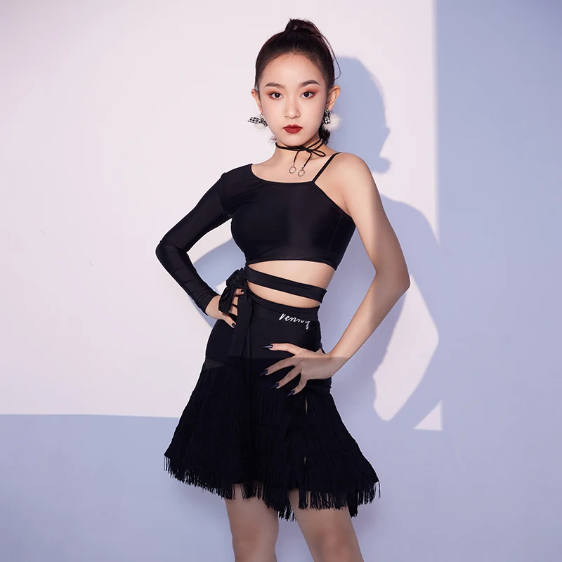 venny Latin dance dress long sleeve single shoulder halter top black ...