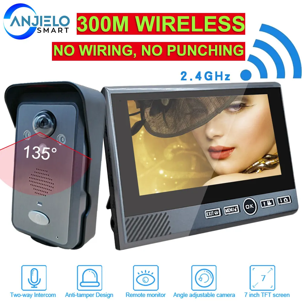 7 Inch 2.4Ghz Wireless Video Intercom Punch-Free Motion Detection Long ...