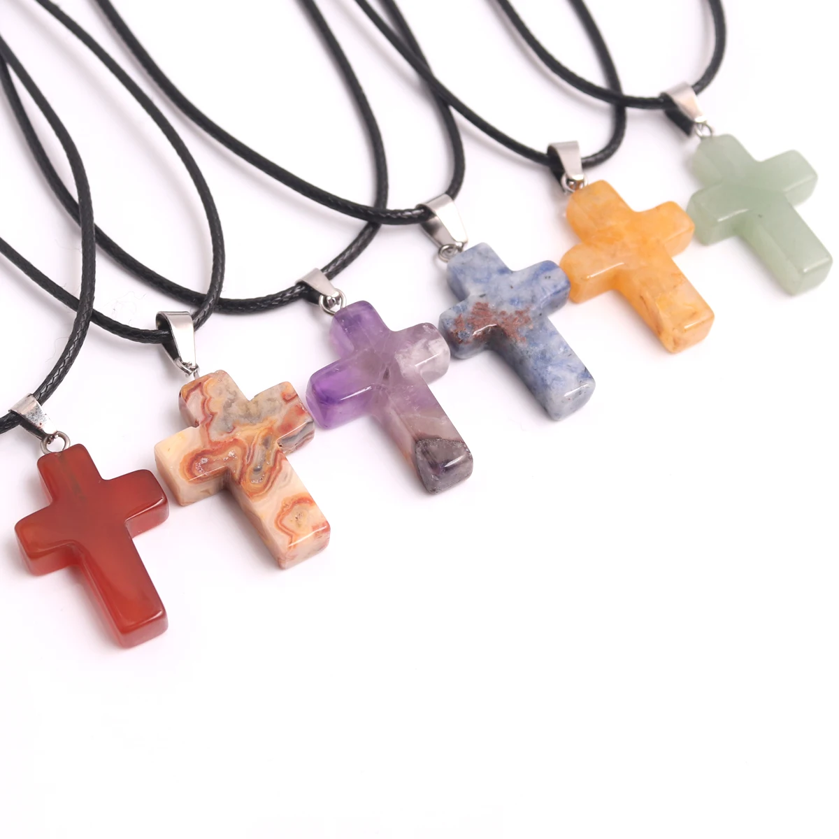 1pc-Cross-Shaped-Natural-Stone-Crystal-Pendant-Necklace-PU-Leather-Rope-Couple-Gift-Lucky-Stone ...