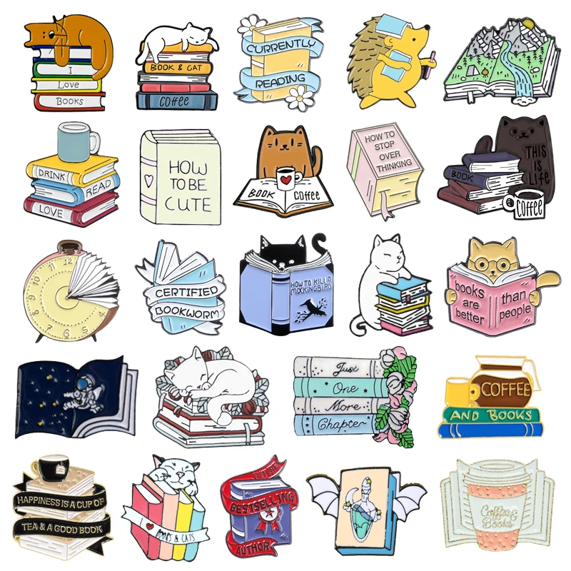 Fashion-Cartoon-Books-Metal-Enamel-Brooch-Cute-Clock-Starry-Cat-Kitty ...