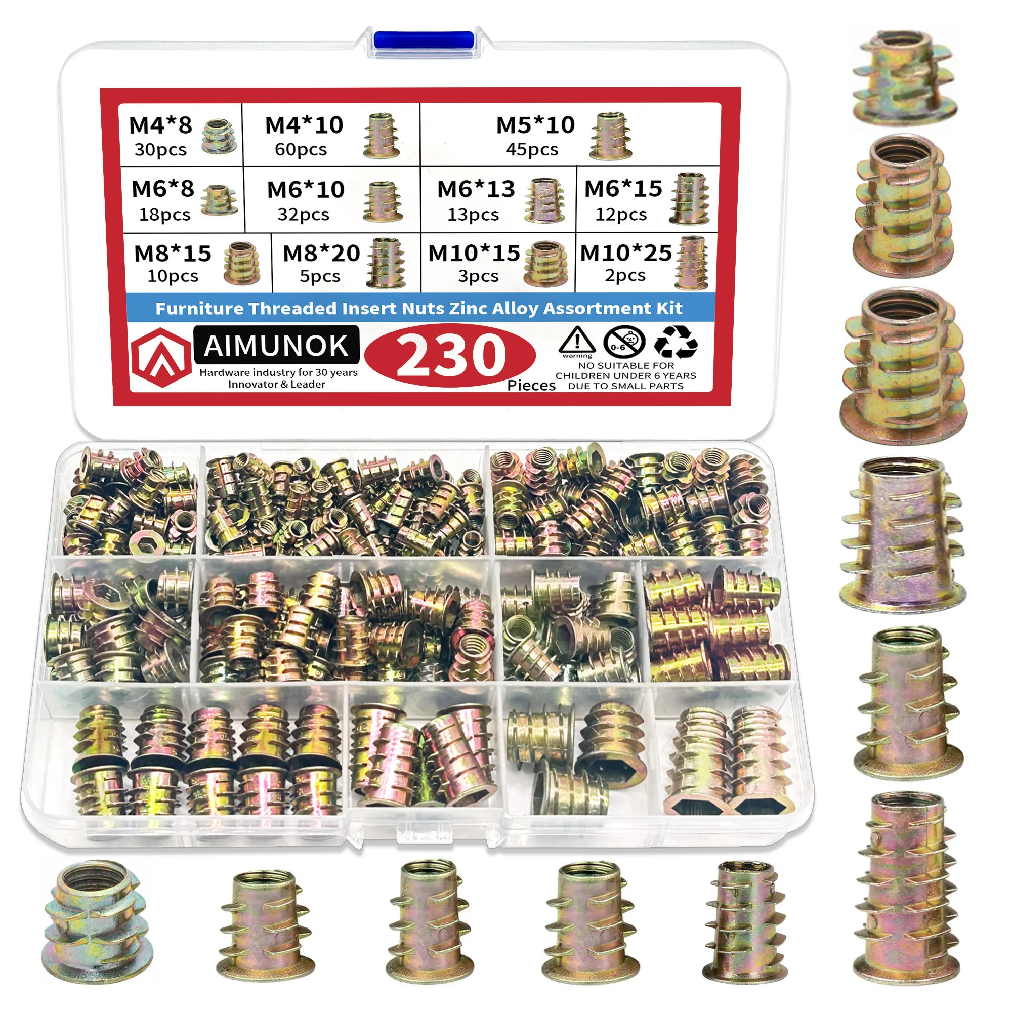 130-230pcs-Threaded-Inserts-Nuts-Threaded-Wood-Inserts-Nuts-Assortment ...