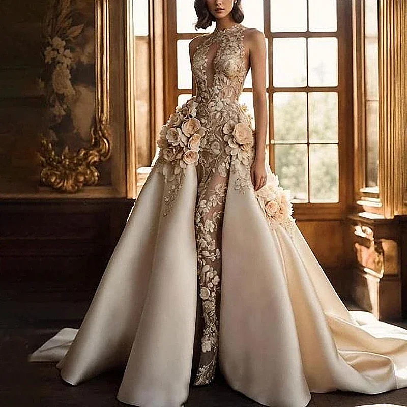 Elegant-Long-Evening-Dresses-for-Women-Flowers-Satin-Floor-Length ...